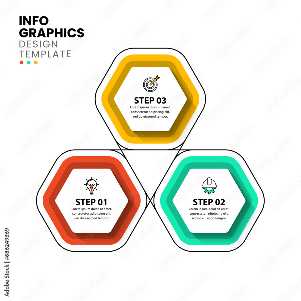 Infographic template. 3 connected hexagons with icons and text Stock ...