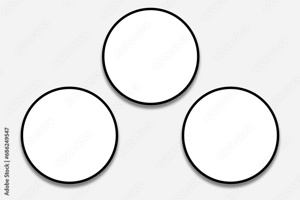 3 Blank white circle photo frames with black borders in a simple layout ...