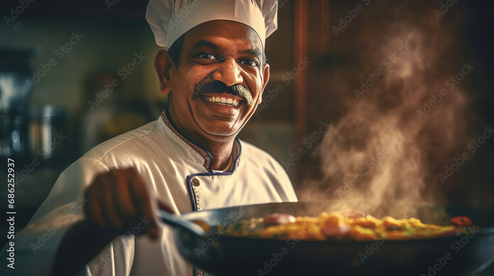 Smiling Indian chef cooking flavorful spicy dish showcasing rich ...