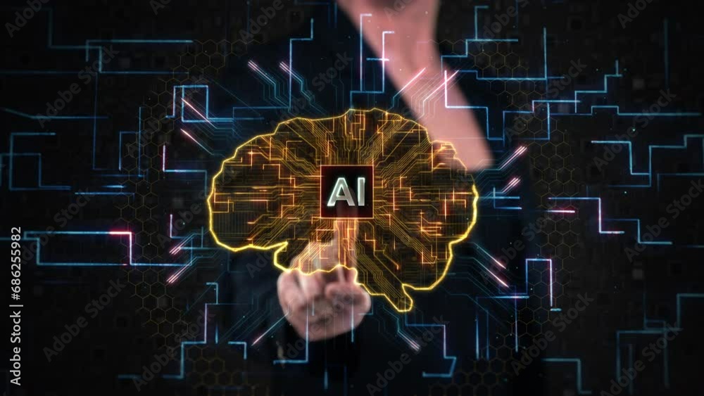 Animation of Artificial Intelligence IA Chip over a Human Brain. Woman ...
