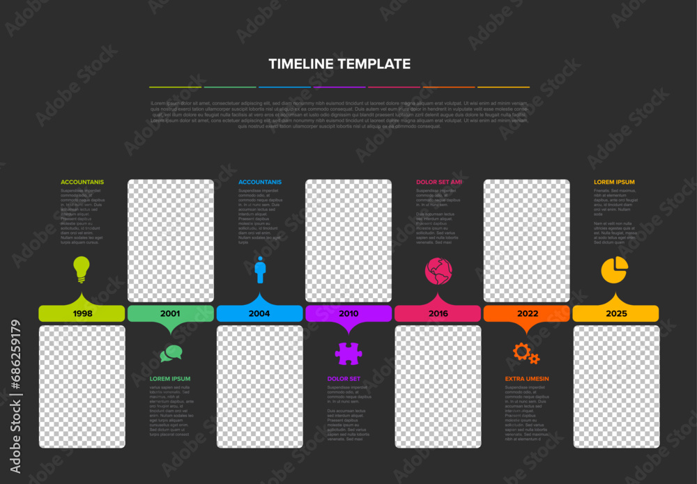 Simple dark timeline process infographic with color blocks and photo ...