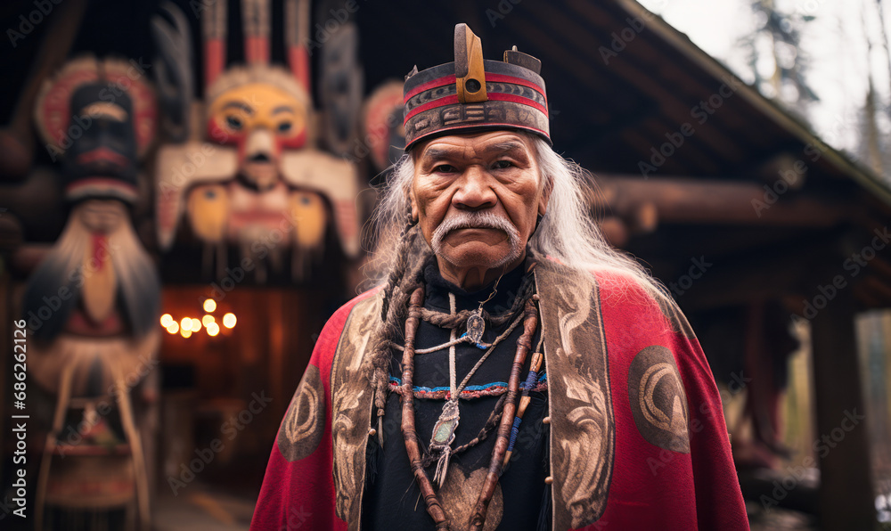 Elder Indigenous man in traditional regalia standing proudly before a ...