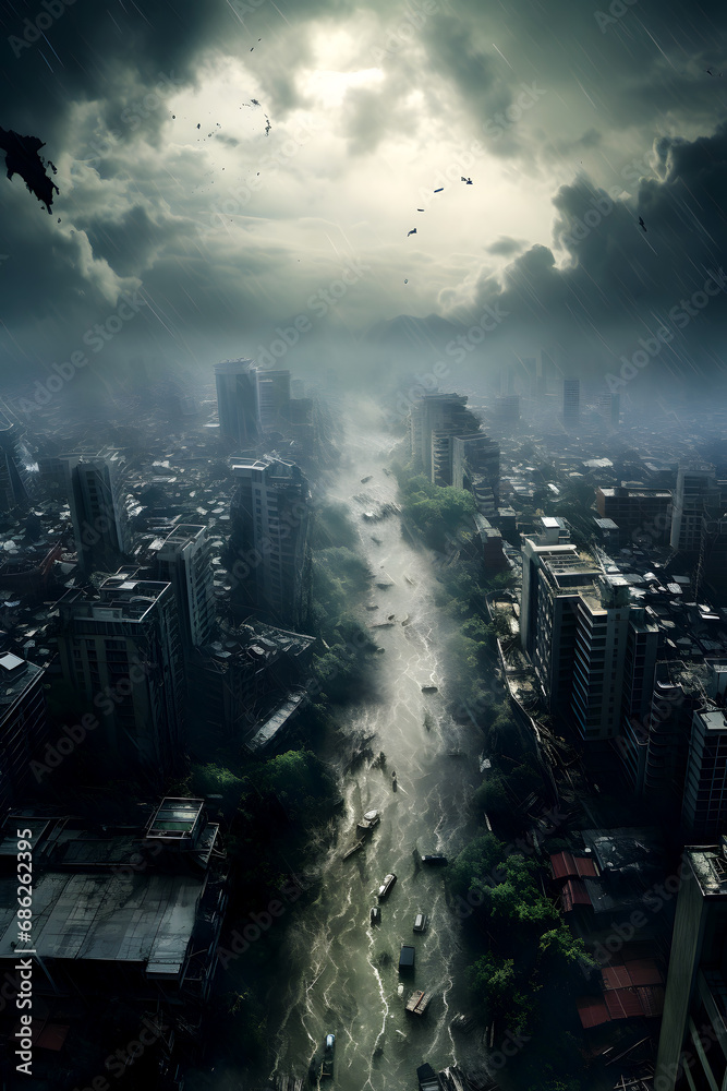 On the night of the apocalypse, a large wave covered the big city with ...