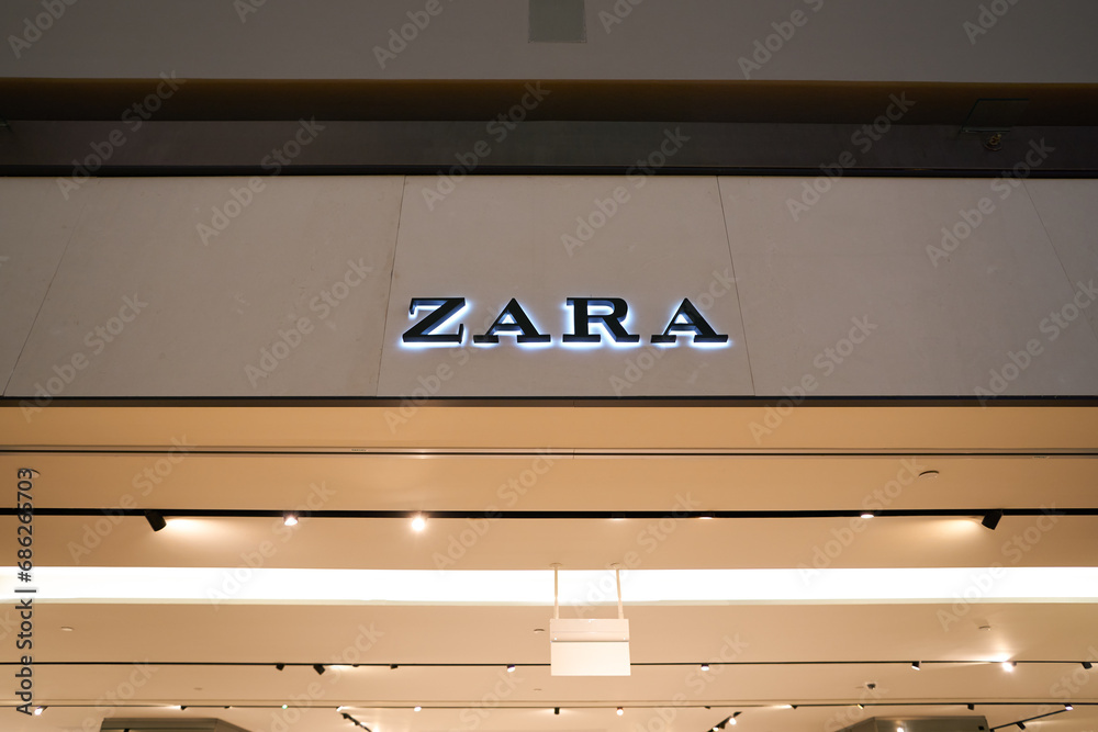 SINGAPORE - NOVEMBER 05, 2023: Zara sign over the store entrance in the ...