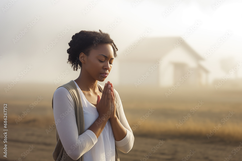 Pretty young black woman praying to god with her eyes closed and ...