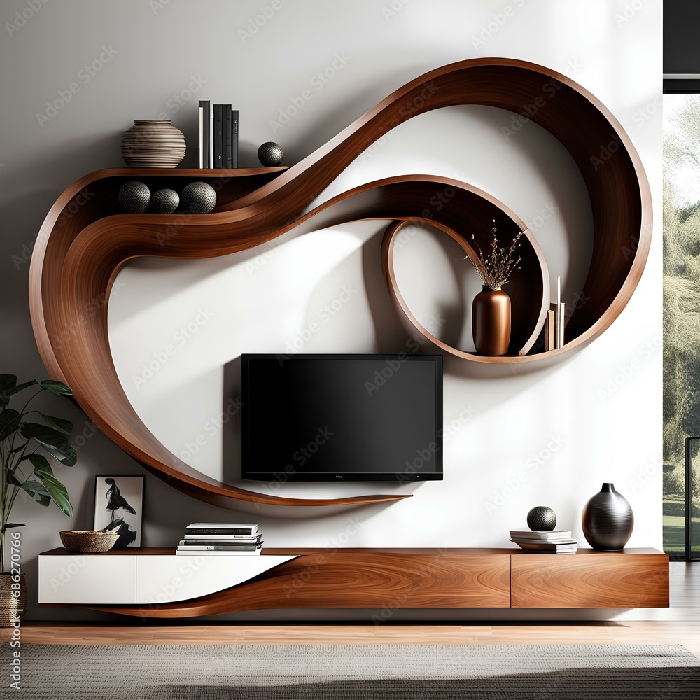 modern entertainment unit with snake coil-shaped shelving, resembling a ...
