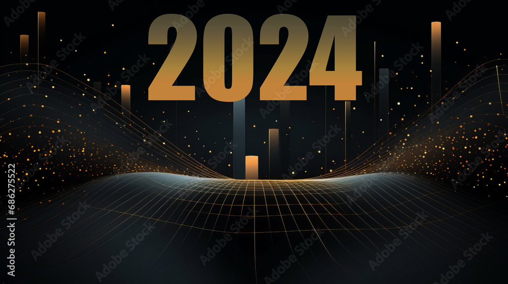 New Year 2024 on a stylish black background with wavy lines and dots ...