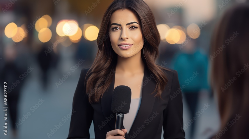 Female Reporter Delivers Dramatic City News Scene in Close Up ...