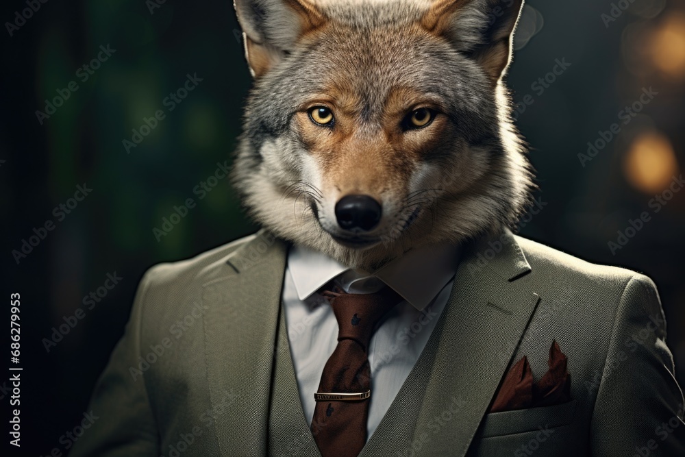 A picture of a man wearing a suit with a wolf head on his head. This ...