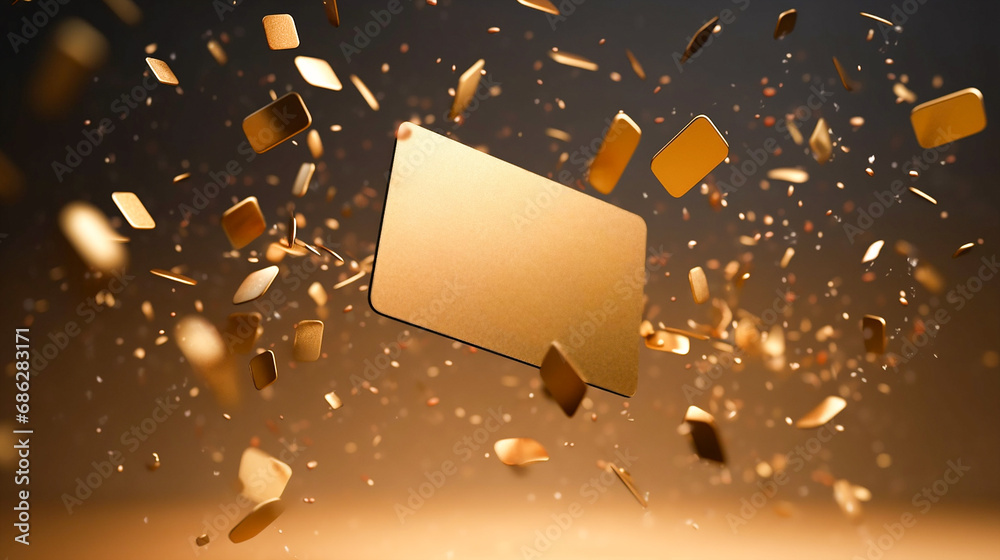 blank golden credit card and gold bars flying on a festive background ...