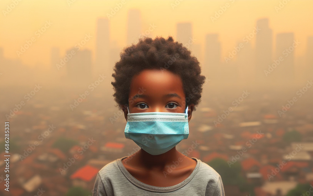 Boy wearing a mask to prevent toxins In the capital which is full of ...