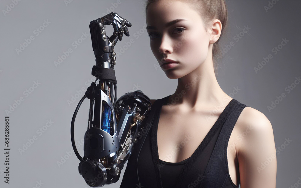Woman with a prosthetic arm AI robotic arm concept of producing ...