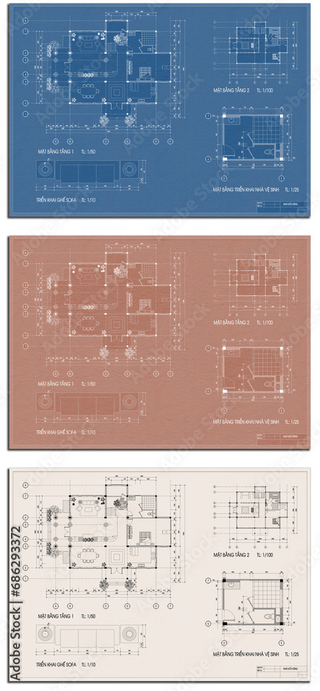 Set of 3 architectural floor plan drawings of houses in modern, new and ...