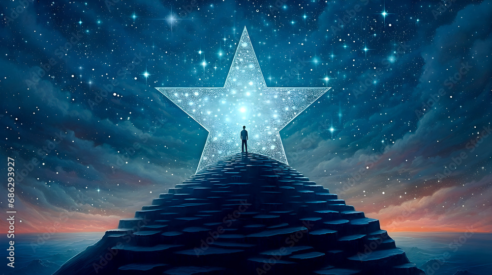 person stands on a stairway leading to a giant glowing star in a night ...