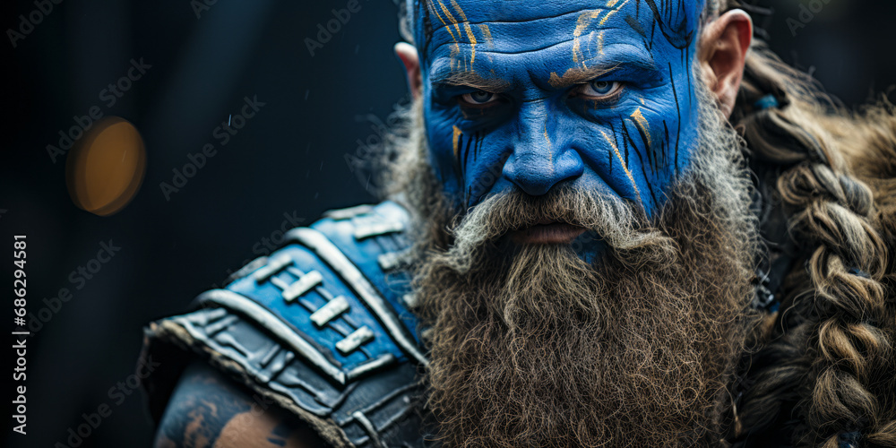 Intense warrior with tribal blue face paint and beard, holding a shield ...