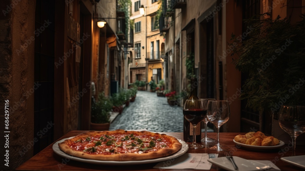 Pizza, wine bottle, wineglasses and spice oil on the restaurant table ...