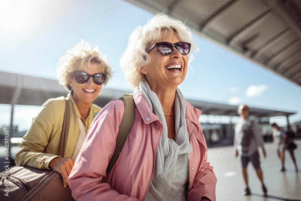Active mature woman friends laughing together ready for holiday travel ...