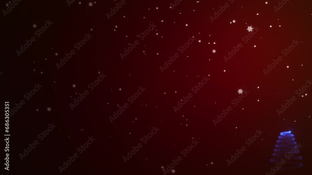 Glowing blue Christmas tree animation with particles lights snowflakes and stars on a red and ...