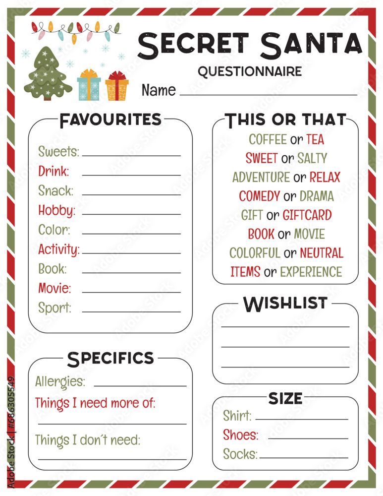 Secret Santa Questionnaire. Gift Exchange. Office Secret Santa. Workplace Gift Questionnaire ...