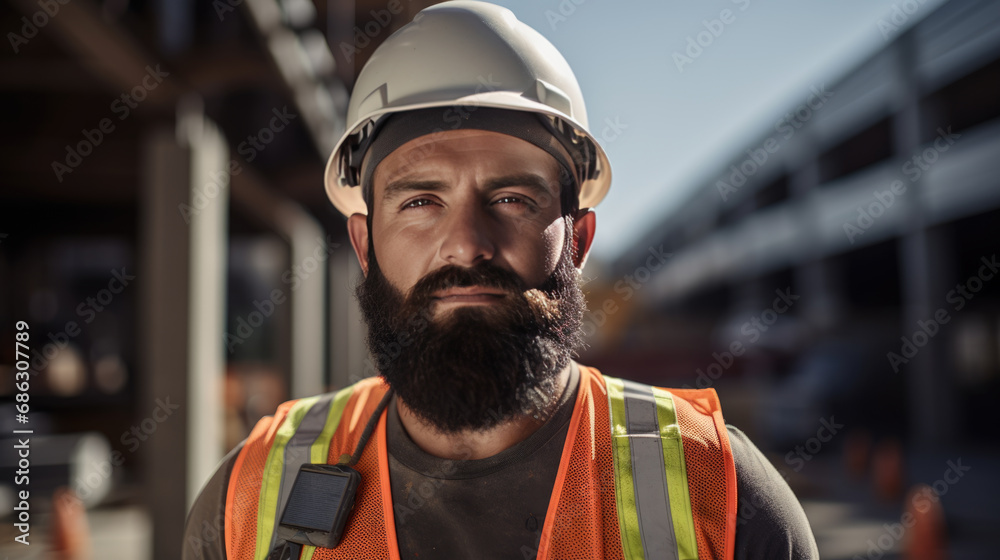 Smiling construction worker, wearing a hard hat,and a reflective vest ...