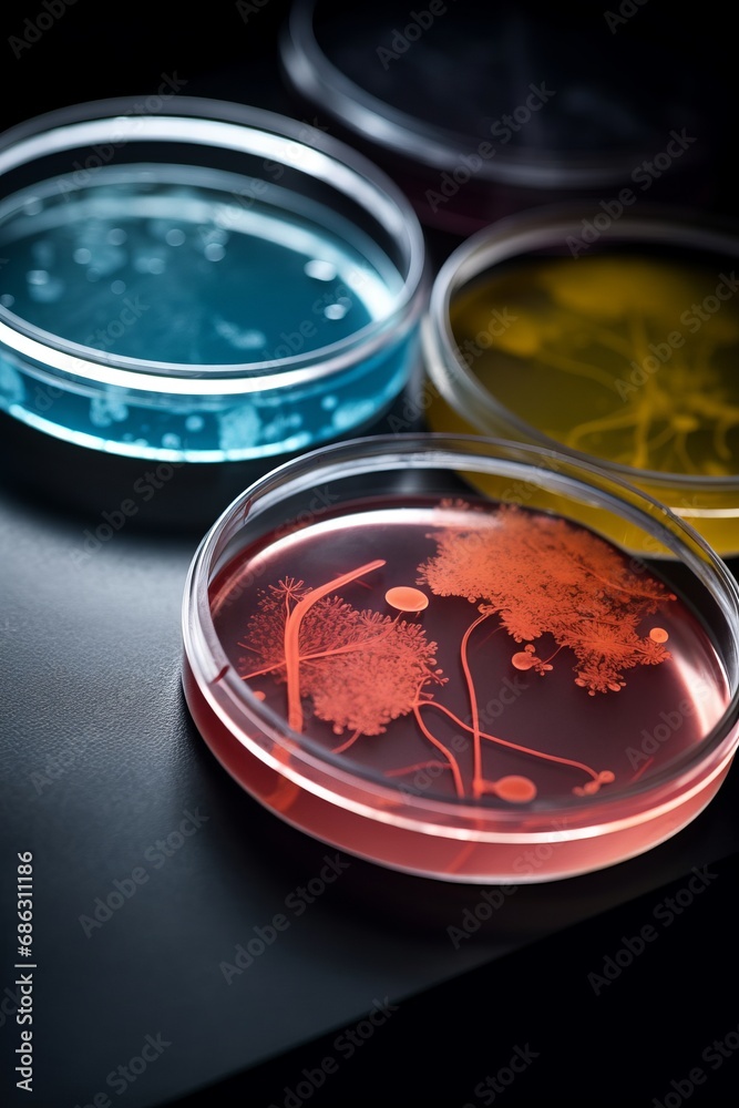 Petri dishes showcase vibrant colorful bacterial colonies, creating a ...