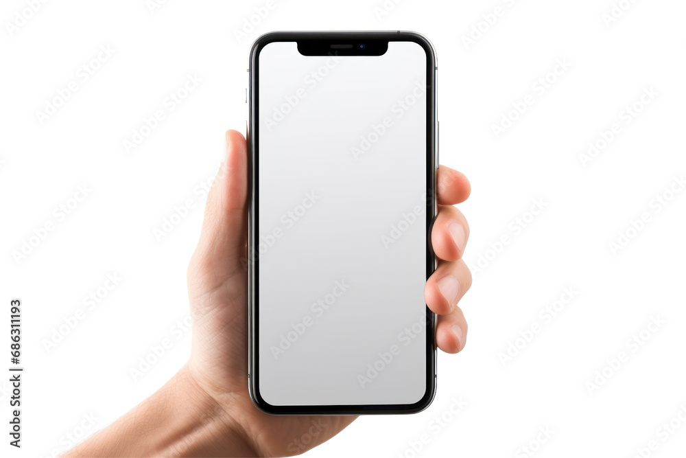 Hand holding mockup smartphone and changing screen on transparent ...