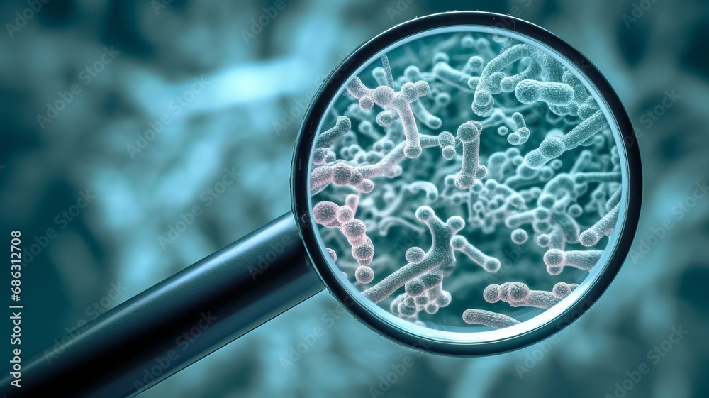 Bacteria under magnifying glass. Petri dishes with vibrant colorful ...