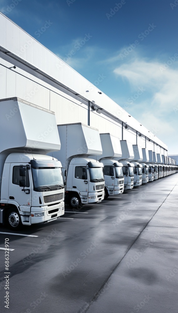 A line of refrigerated trucks parked outside a distribution center ...