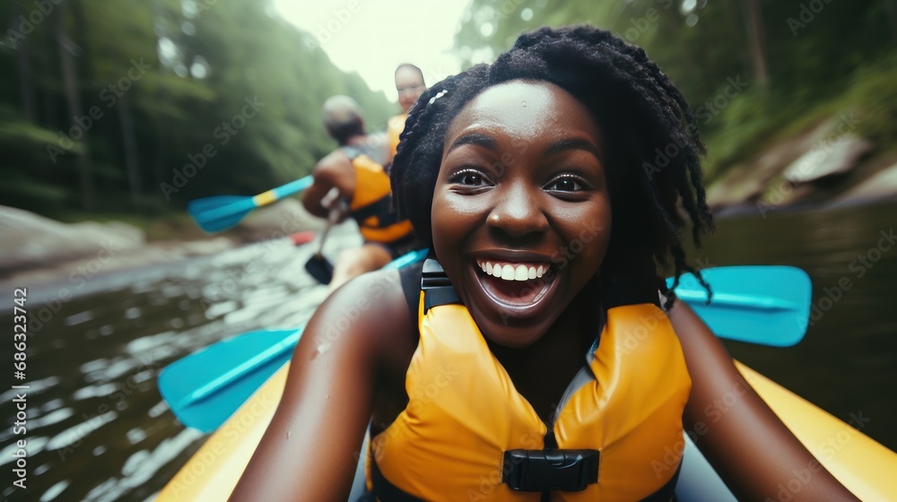 Joyful African-American woman makes selfie rafting on wide calm river ...