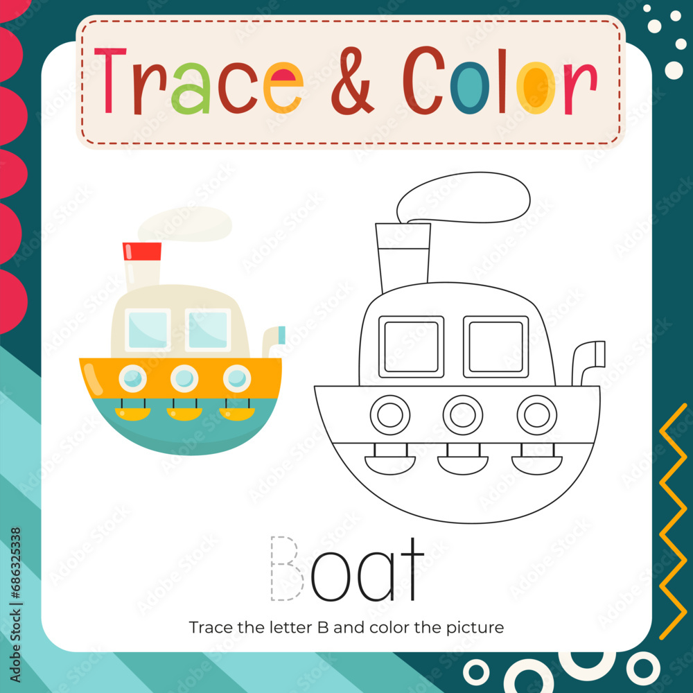 Coloring page for Letter Tracing Book. Trace letter B in word Boat and ...