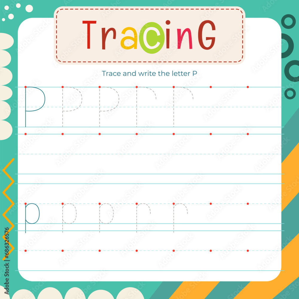 Learning to trace and writing kids activity worksheet. Page letter P ...