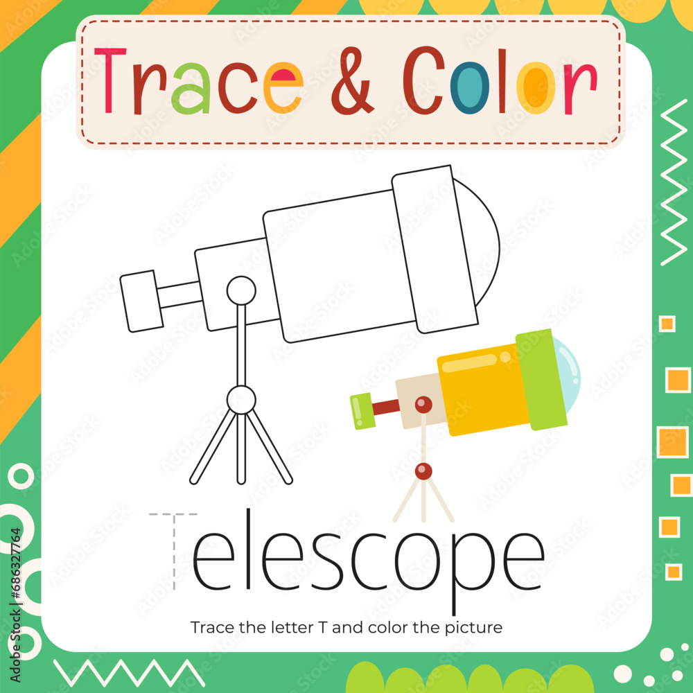 Coloring page for Letter Tracing Book. Trace letter T in word Telescope ...