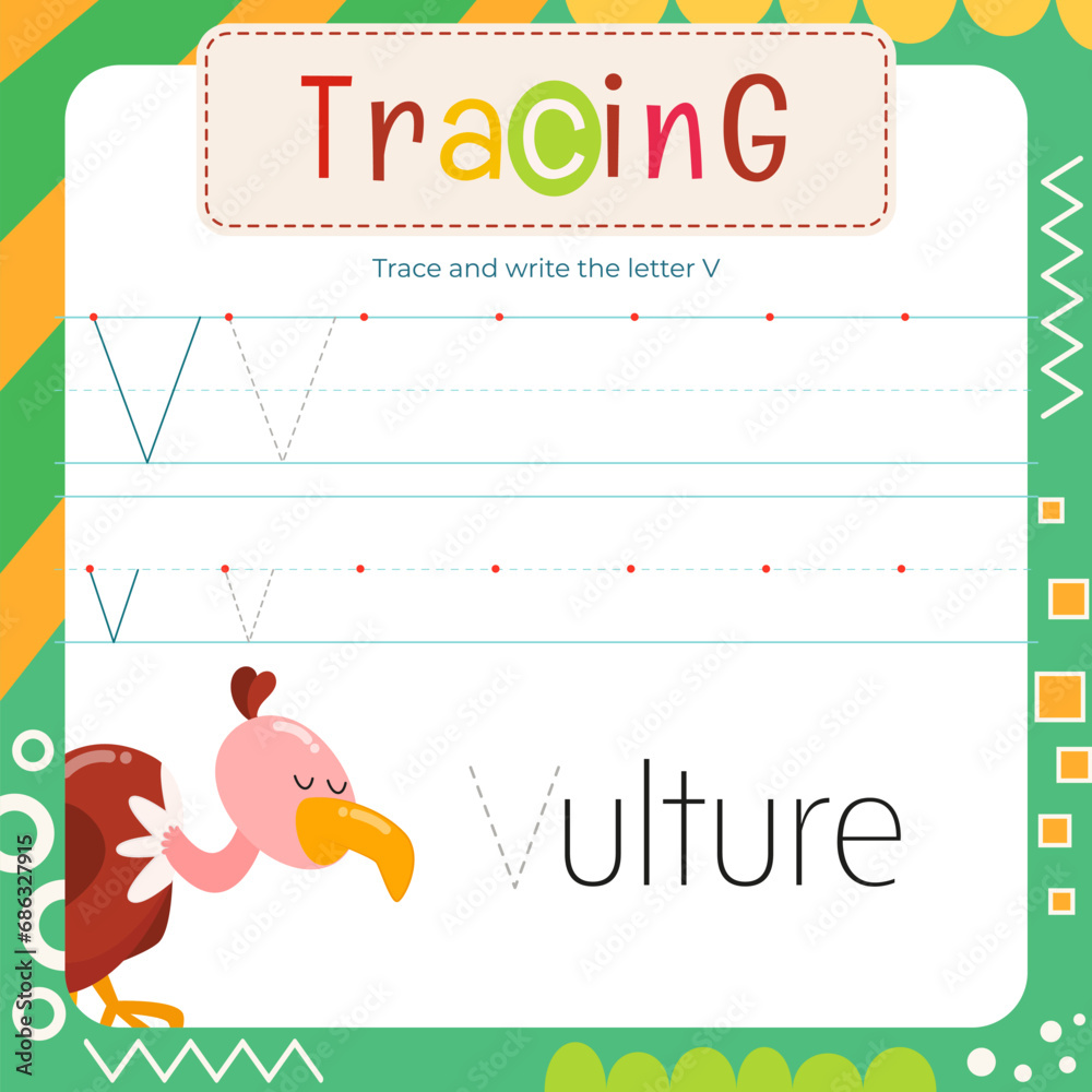 Letter Tracing Flash Card. Writing Letter V uppercase and lowercase ...