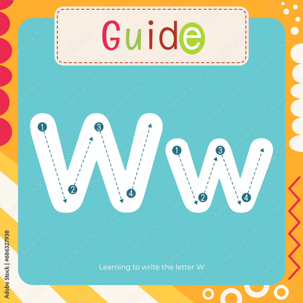 Letter Tracing Flash Card for kids. Guide – learning to write letter W ...