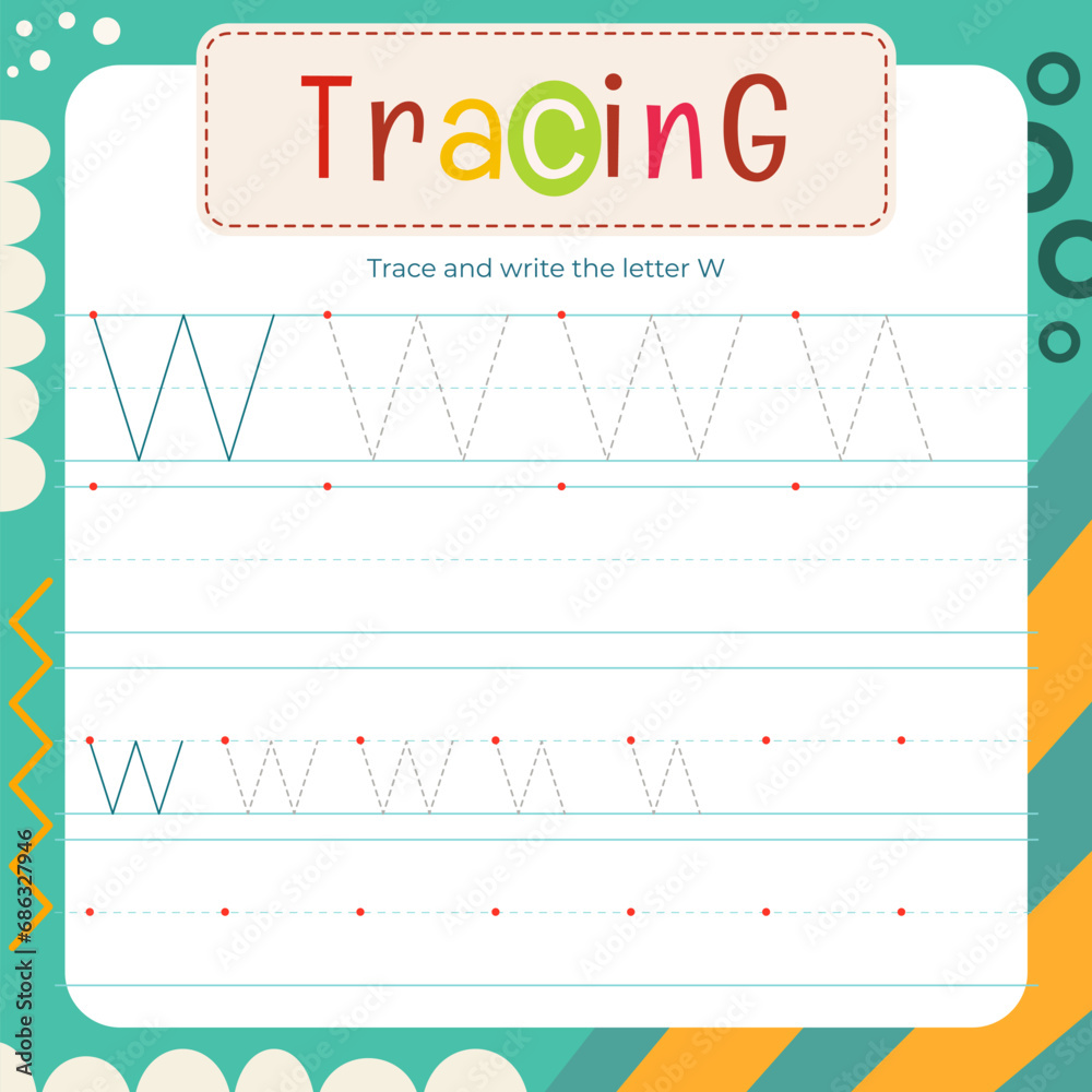 Learning to trace and writing kids activity worksheet. Page letter W ...