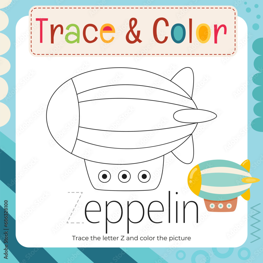 Coloring page for Letter Tracing Book. Trace letter Z in word Zeppelin ...