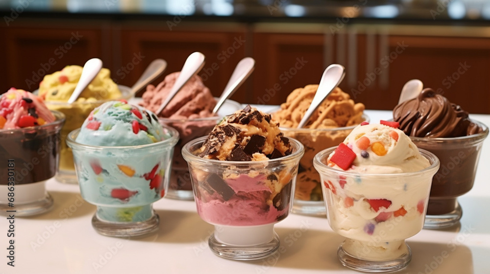 Sundae Bar: A table adorned with a variety of ice cream flavors and ...