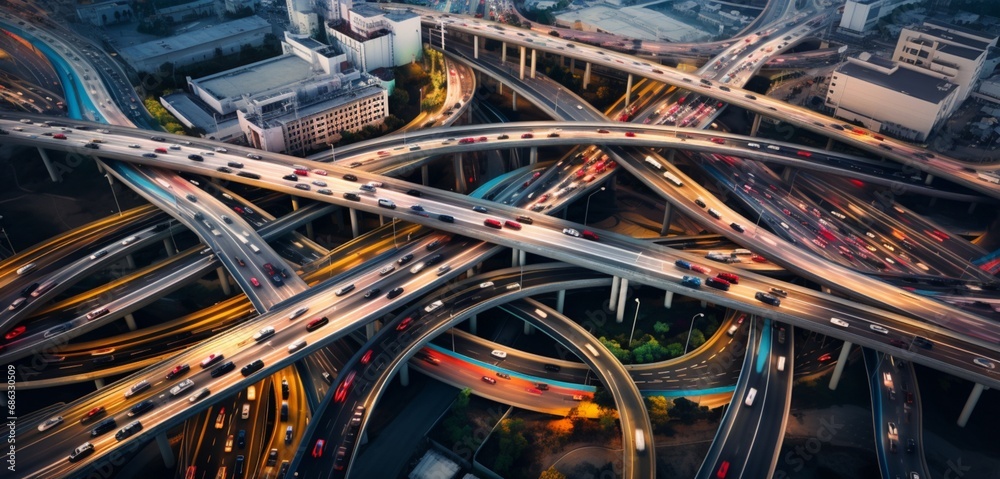 An aerial view of a highway interchange with trucks moving in different ...