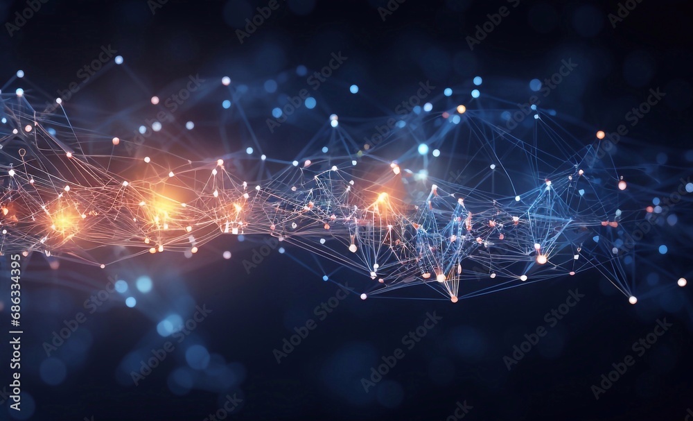 Neural patterns network artificial intelligence on neon glow light background. Digital interface ...