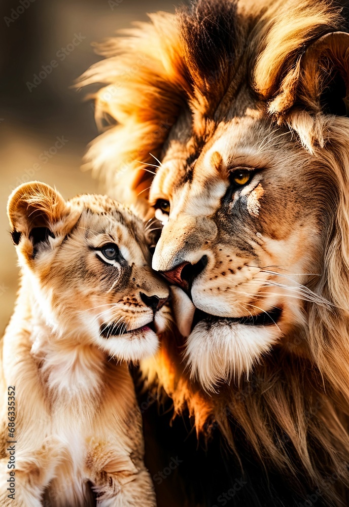 AI generated illustration of a lion tenderly embracing a young cub in a ...