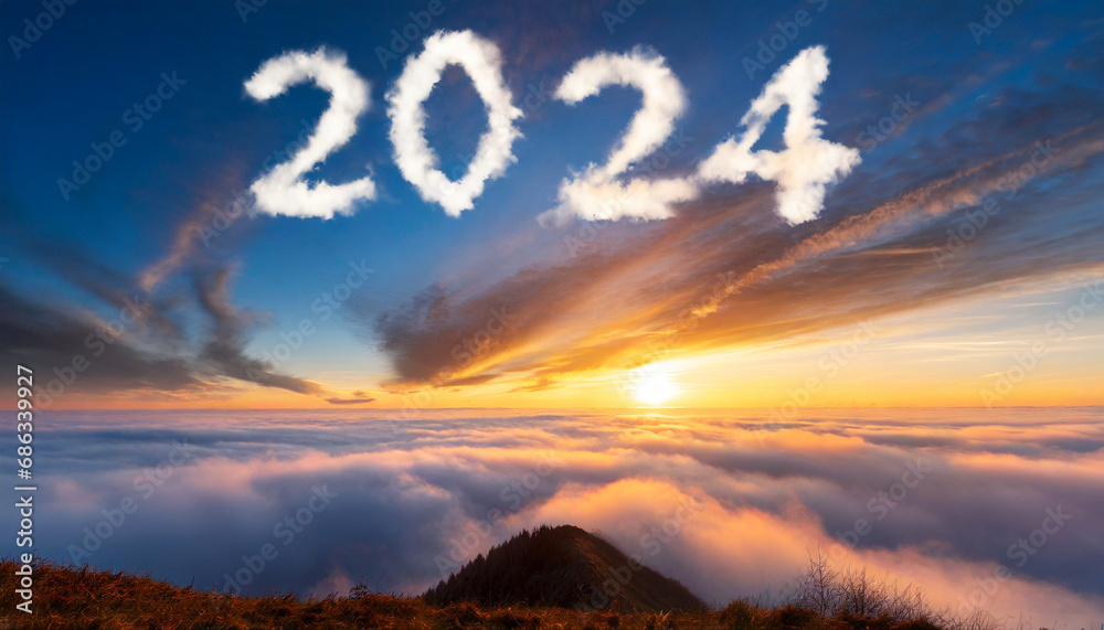 New year 2024 written in the sky with the sun and clouds Stock ...
