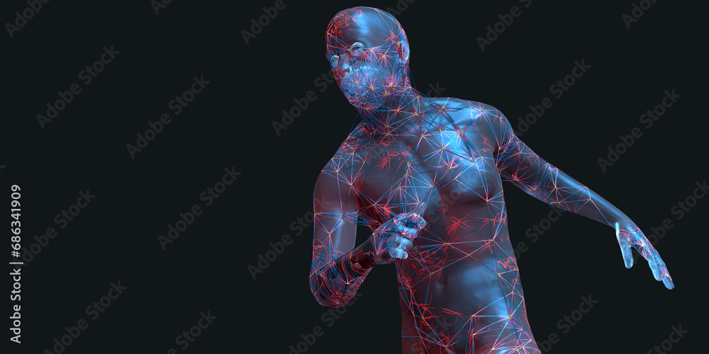 Transparent human body in motion with internal connections to ...