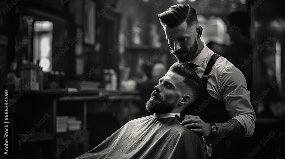 Barber and client in a vintage barber shop, capturing classic grooming ...