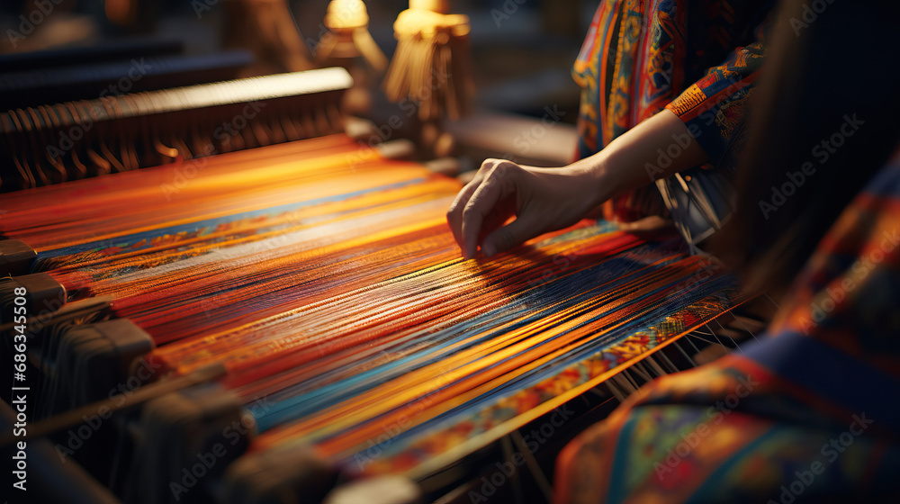 Handweaver creating intricate patterns. Traditional Handweaving Craft ...