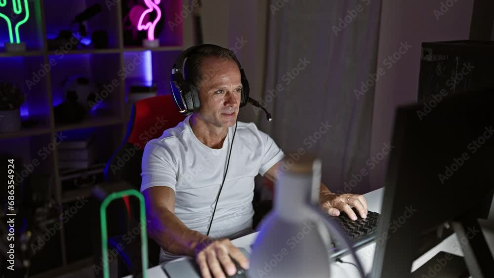 Cheerful middle age man, the victorious streamer, jubilantly taking off ...