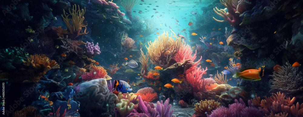 Tropical sea underwater fishes on coral reef. Aquarium oceanarium ...