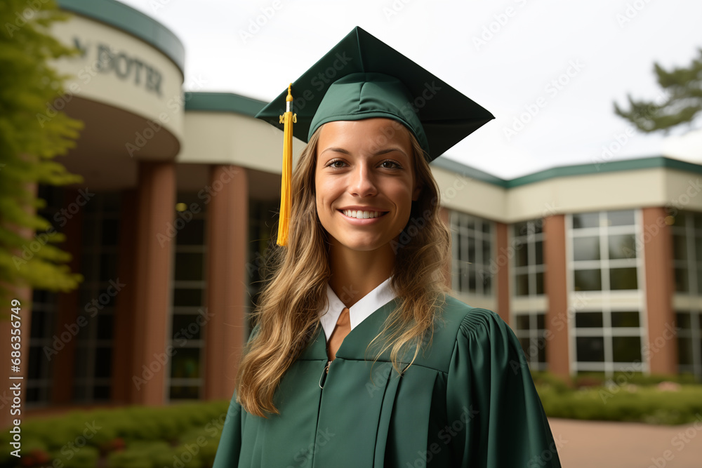 Smiling Graduate Woman in Green Cap and Gown Outside the College Campus ...