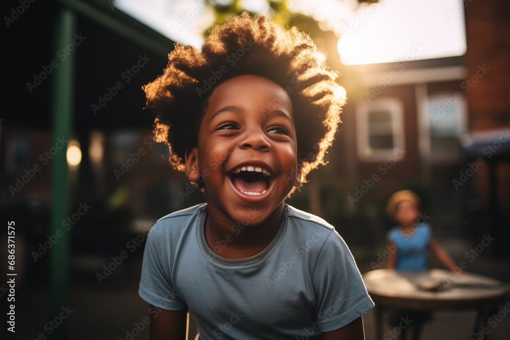Black child laughing at loud, outdoors in school playground, sunlight ...