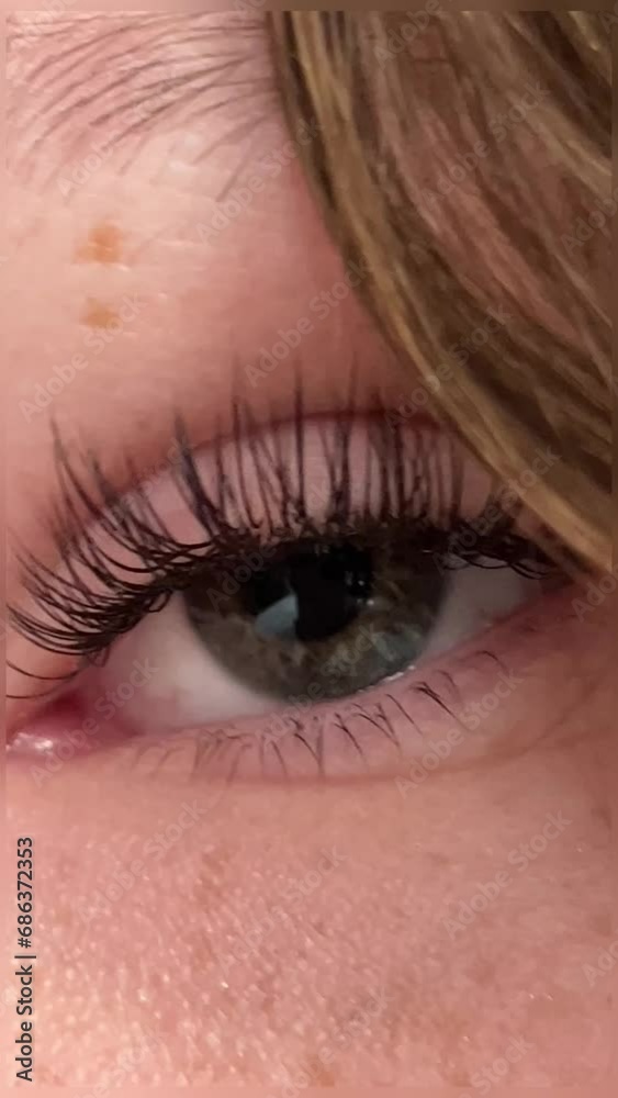 left eye of a beautiful young girl with eyelash extensions freckles on ...