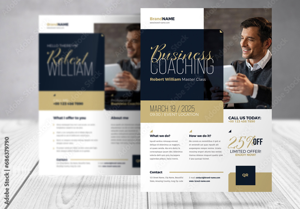 Business Coaching Flyer Template with Blue and Gold Accents Stock ...